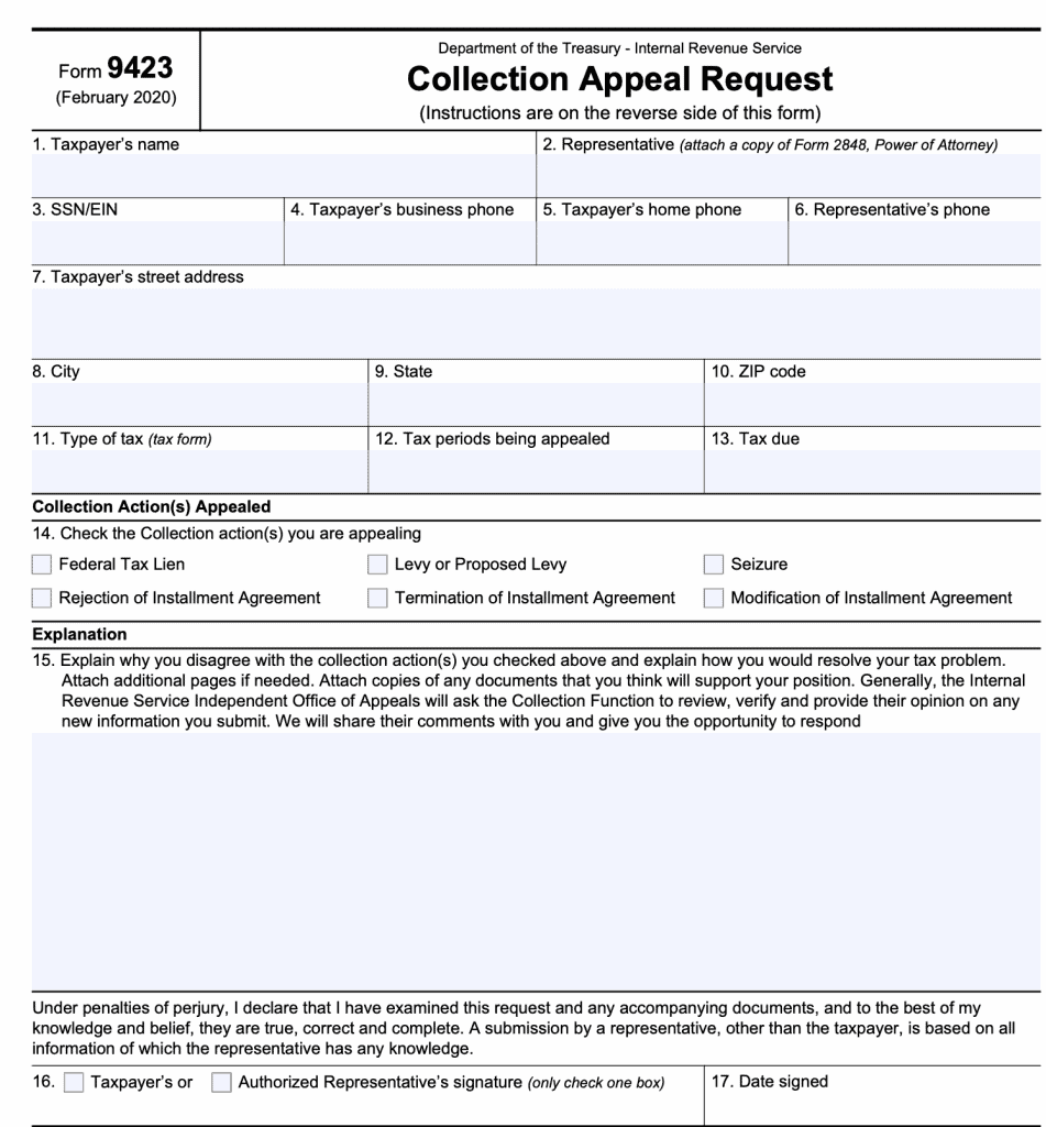 IRS Form 9423 Collection Appeal Request Wiztax